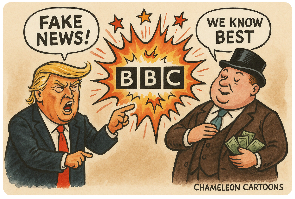 Trump vs. BBC: Battle of the Bluster Behemoths 📺🧨 – Chameleon Magazine